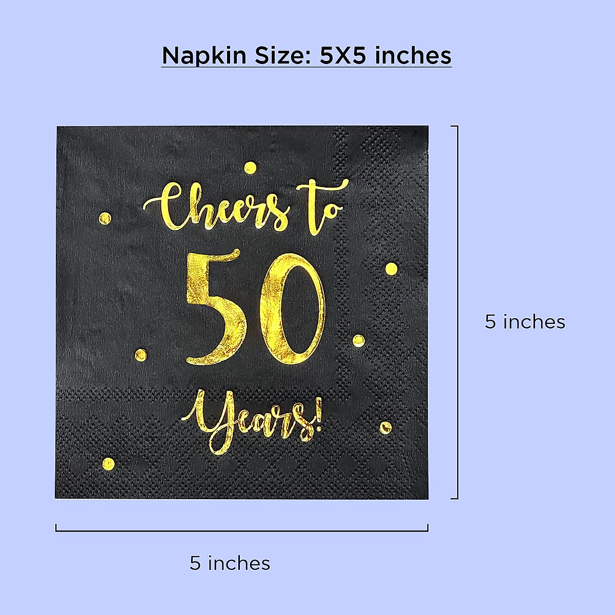 Cheers to 50 Years Cocktail Napkins | Happy 50th Birthday Decorations for Men and Women and Wedding Anniversary Party Decorations | 50-Pack 3-Ply Napkins | 5 x 5 inch folded (Black)