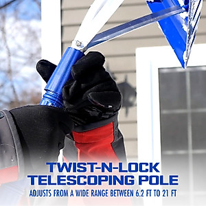 Snow Joe RJ204M 21' Twist-n-Lock Telescoping Snow Shovel Roof Rake with 6" by 25" Poly Blade, 25 inches, Blue