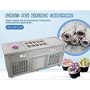 Kolice ETL commercial double square pans fried ice cream machine, frozen yogurt cubes making machine, roll ice cream machine with 10 pcs of refrigerated buckets, 21x21 inches big pan. Auto defrost