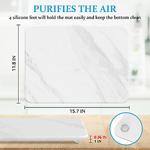 FLOKINICE Stone Dish Drying Mat for Kitchen Counter, Eco-Friendly Ultra Absorbent Heat Resistant Diatomaceous Earth Sink Tray Mat for Dish Bottles Cups & Pet Bowl (White Marble)