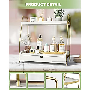 MONVANE 2-Tier Bathroom Organizer Countertop - Solid Wood Bathroom Counter Organizer with Drawer, Simple Standing Vanity Tray for Bathroom Organization and Bathroom Storage (White and Gold)