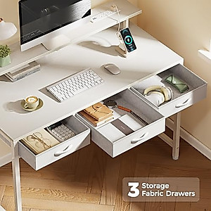 Huuger 47 inch Computer Desk with 3 Drawers, Office Desk Gaming Desk with LED Lights & Power Outlets, Home Office Desks with Storage Space for Bedroom, Work from Home, White
