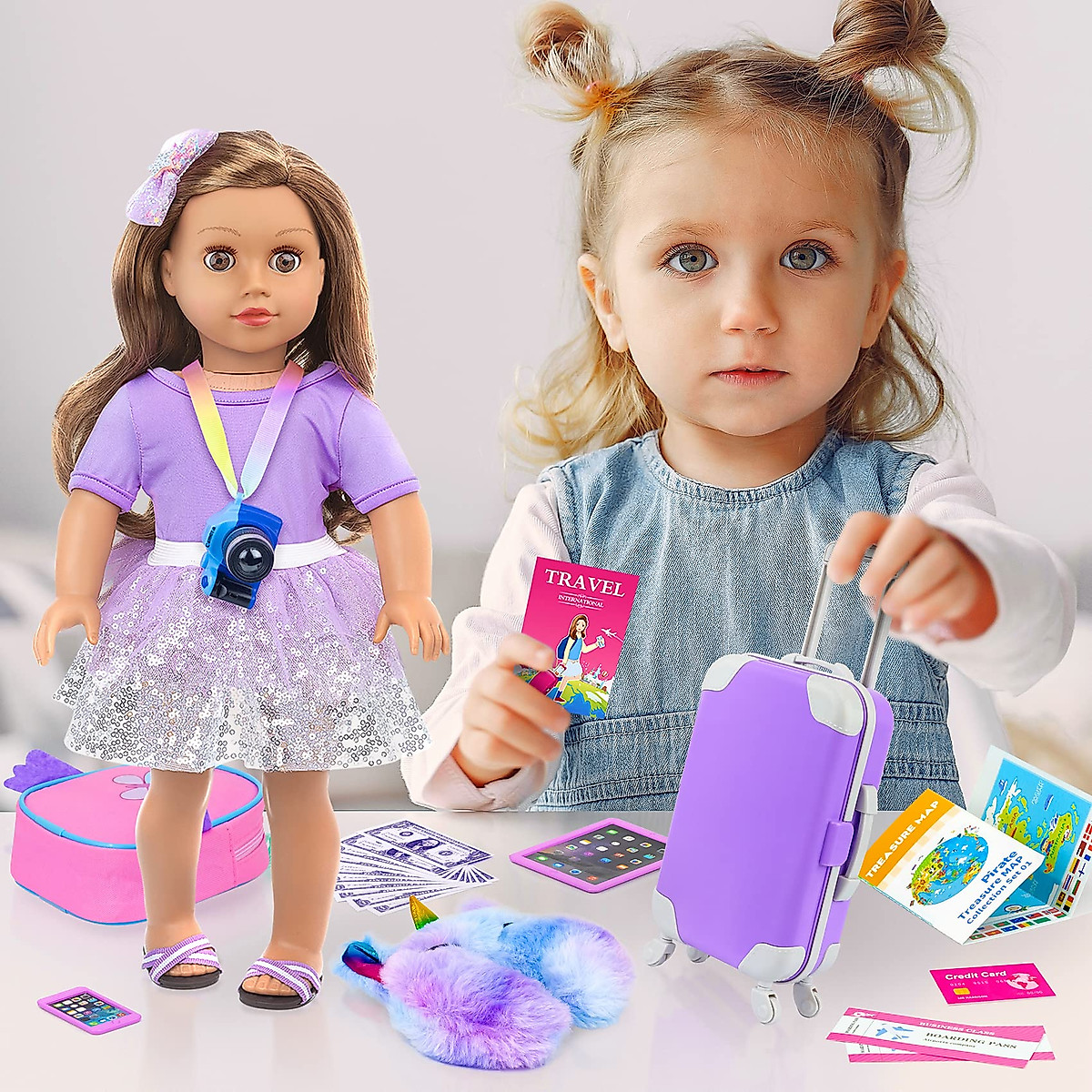 K.T. Fancy 23 pcs American 18 Inch Doll Accessories Suitcase Travel Luggage Play Set for 18 Inch Doll Travel Carrier, Sunglasses Camera Computer Phone Pad Travel Pillow Passport Tickets Cashes