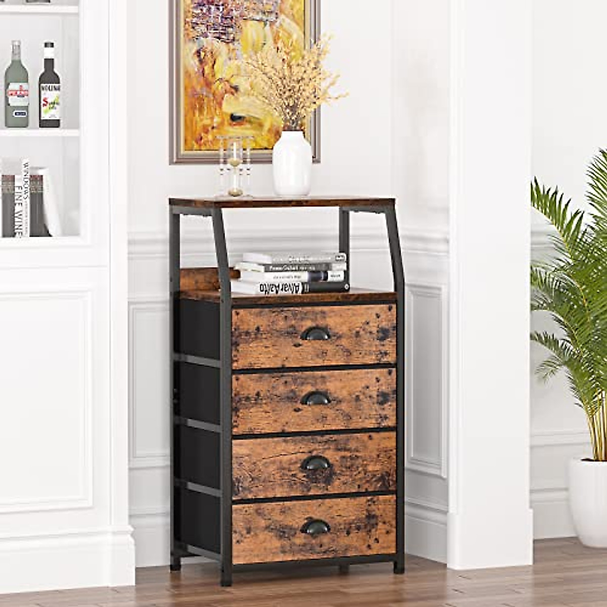 Furologee Fabric Dresser with 4 Drawers and Shelves, Industrial Lightweight Storage Unit Organizer for Entryway, Bedroom, Nightstand, Office, Kitchen (Rustic Brown)