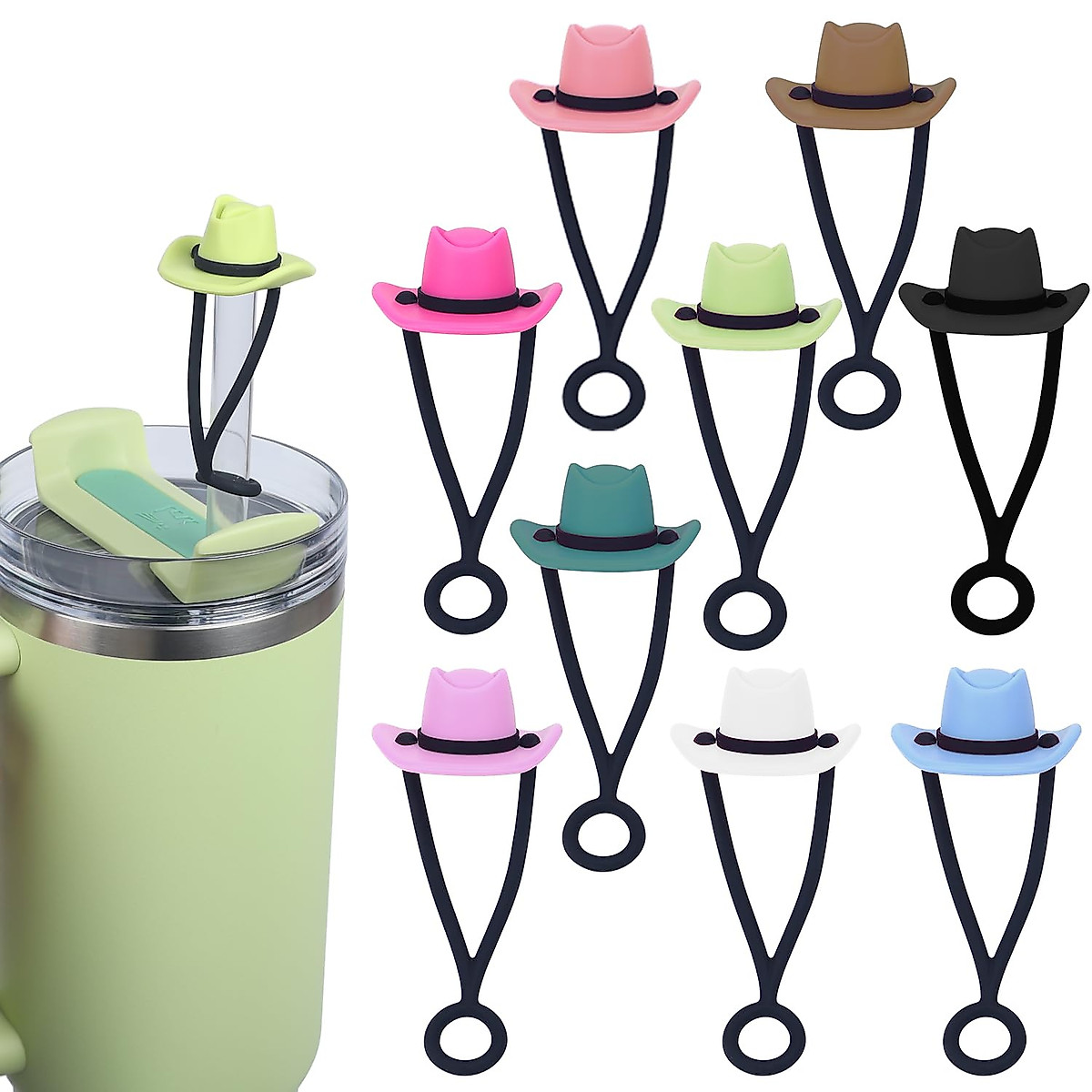 9PCS Reusable Silicone Straw Cover Cap,10MM Cute Cowboy Hat Straw Topper-Funny Cup Accessories Compatible with Stanley Cup 30 40 oz