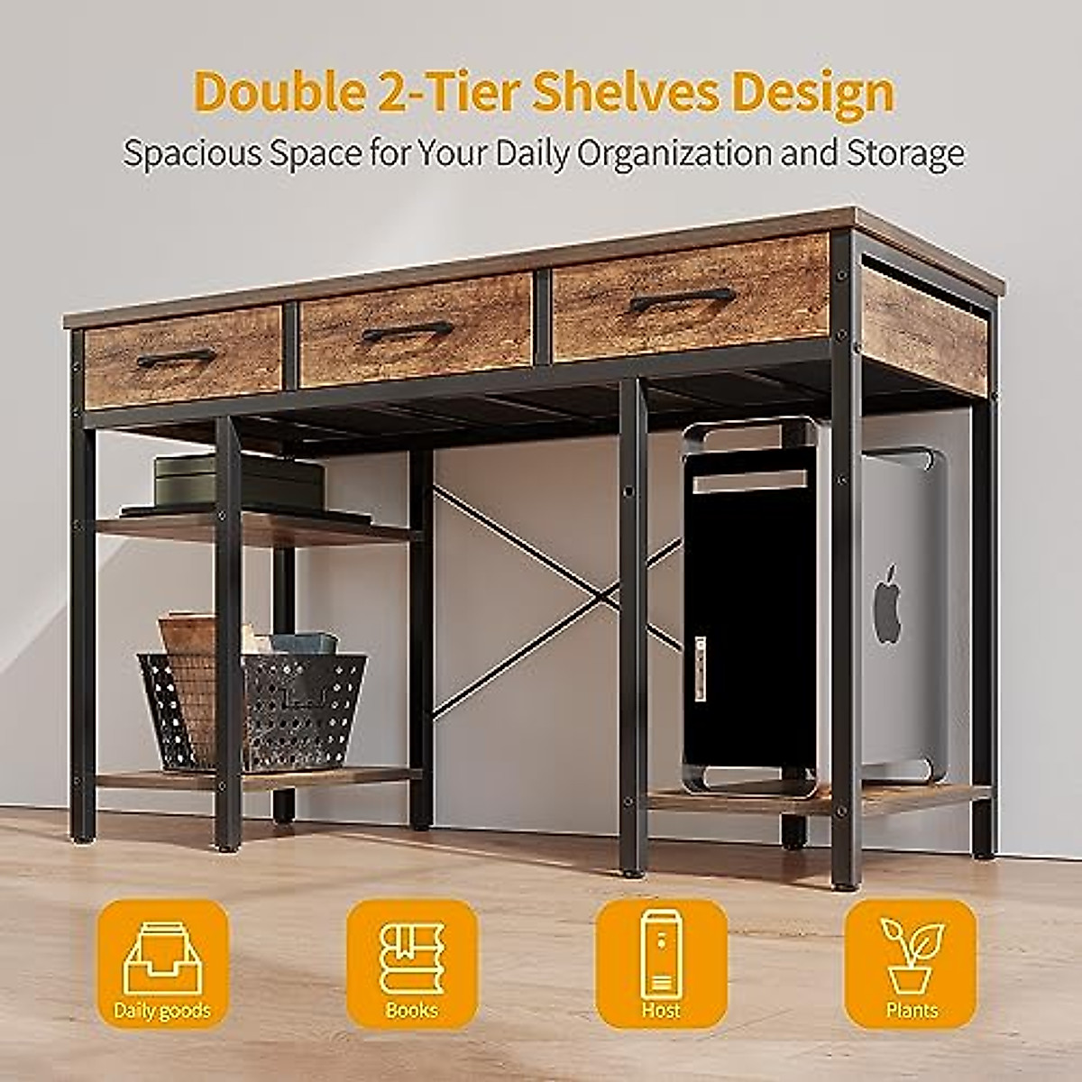 CubiCubi 47 Inch Computer Desk with Fabric Drawers and Storage Shelfs, Small Office Home Desk, Study Writing Table, Modern Simple Desk, Rustic Brown