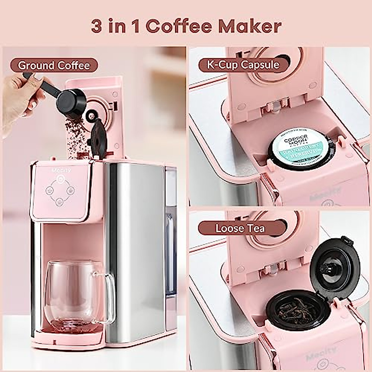 Mecity Pink Coffee Maker 3-in-1 Single Serve Coffee Machine, For K-Cup Coffee Capsule, Ground Coffee, Loose Tea, 6 to 10 Ounce Cup, Removable 50 Oz Water Reservoir, 120V 1150W