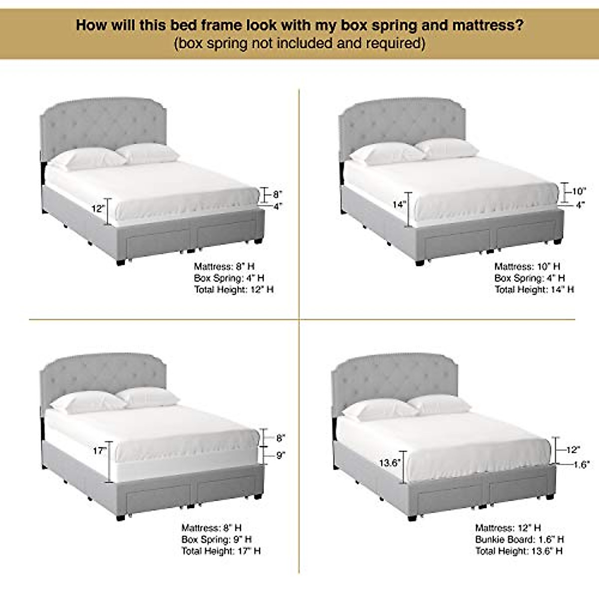 DG Casa Argo Upholstered Panel Bed Frame with Storage Drawers and Diamond Button Tufted Nailhead Trim Headboard, Queen Size in Platinum Fabric