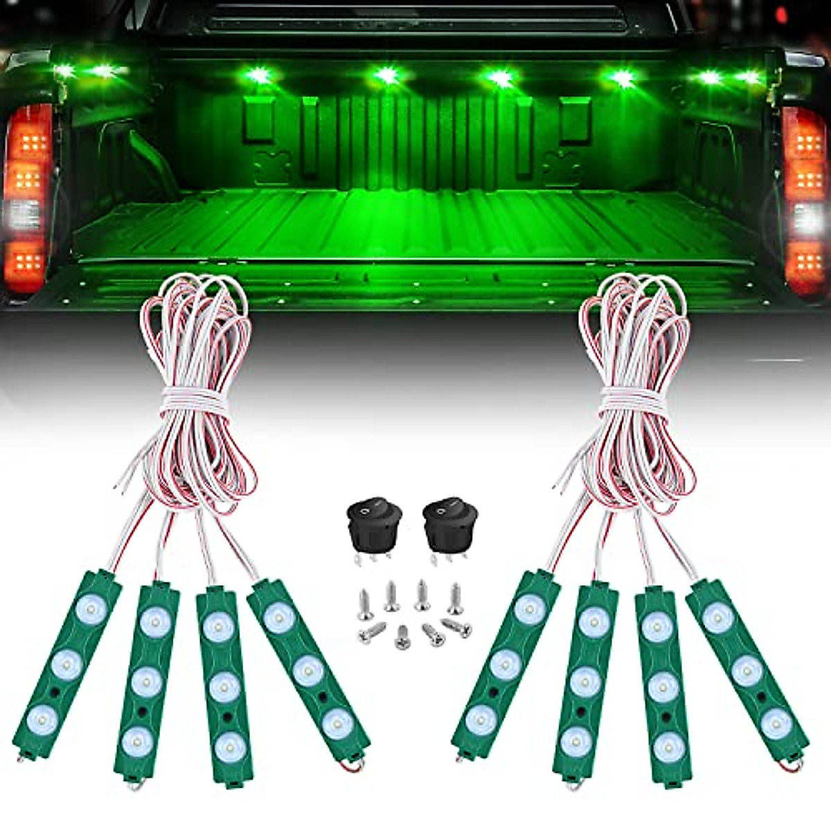 Nilight TR-117-H 8PCS Truck Pickup Bed Light 24LED Green Cargo Rock Lighting Kits with Switch for Van Off-Road Under Car Side Marker Foot Wells Rail, 2 Years Warranty