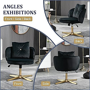 MOONMISS Swivel Office Desk Chair - Ergonomic Comfy Desk Chairs with Pillow, Adjustable Velvet Vanity Chair for Study, Office, Make-up, Black-Gold Legs