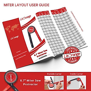Litorange Aluminum Miter Saw Protractor Plus | 8.7-Inch Angle Finder Featuring Precision Laser Engraved Scales for Inside Outside Corner, Carpenters， Plumbers and All Building Trades, Two-color Design