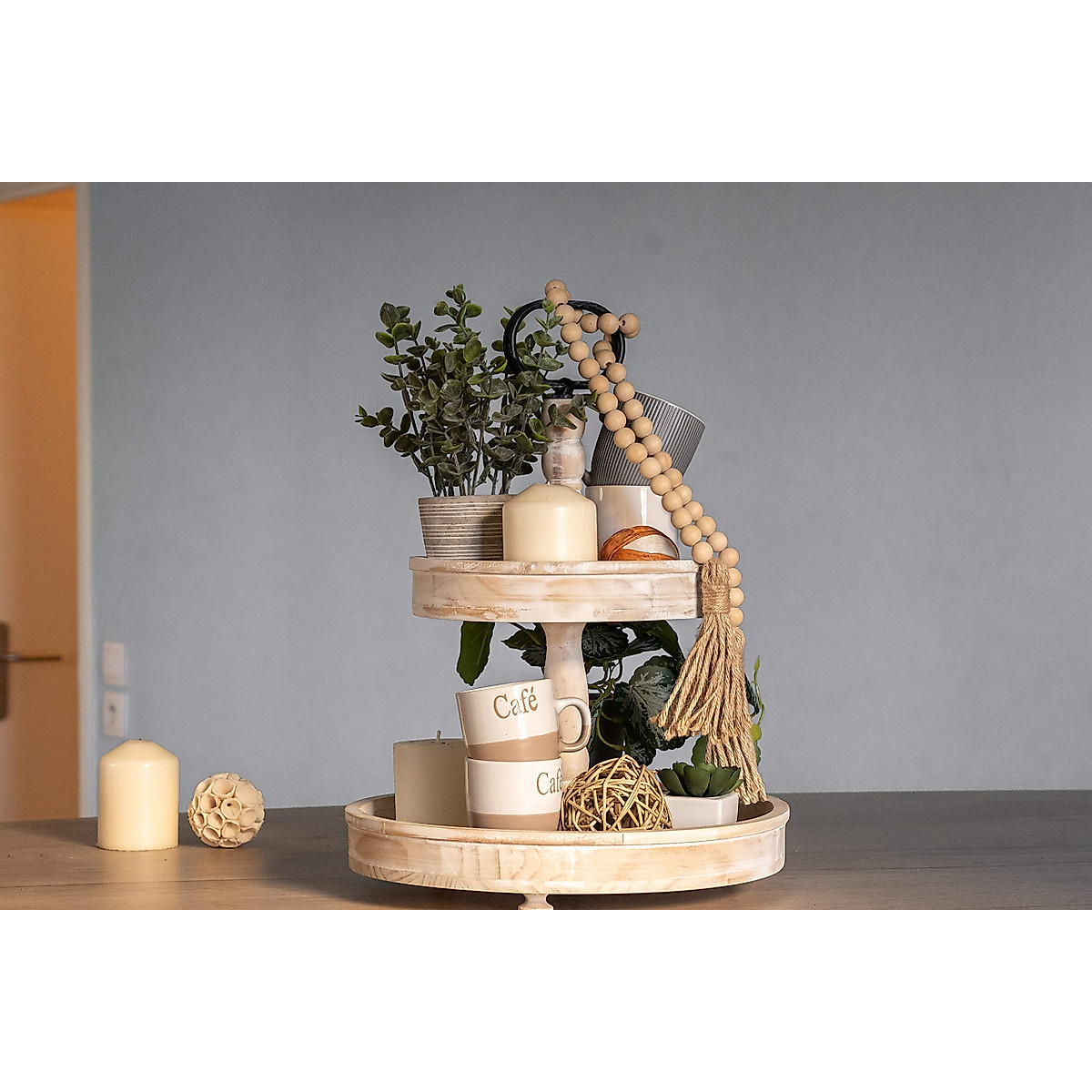 BonzaiKit Two Tier Wood Tray with Wooden Beads - Farmhouse Rustic 2 Tiered Serving Stand for Kitchen & Home Decor - Cupcake Stand with Metal Holder