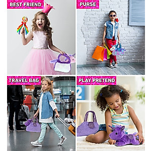 DolliBu Purple Unicorn Bags Collection Set of 3 - Blue and Purple Unicorn Stuffed Animal Purse Bags for Girls, Removable Unicorns in Sequin, Furry Handbags for Dress Up