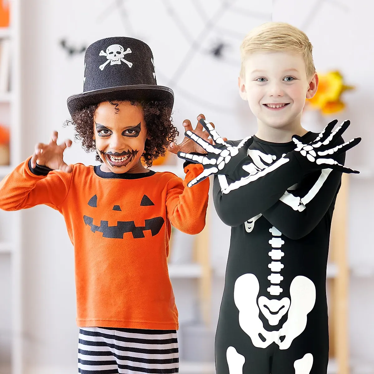 FAYBOX Skeleton Costume Glow in The Dark for Kids Toddler, Halloween Fortnite Onesie for Boy Girls with Pumpkin Candy Bag(10-12)