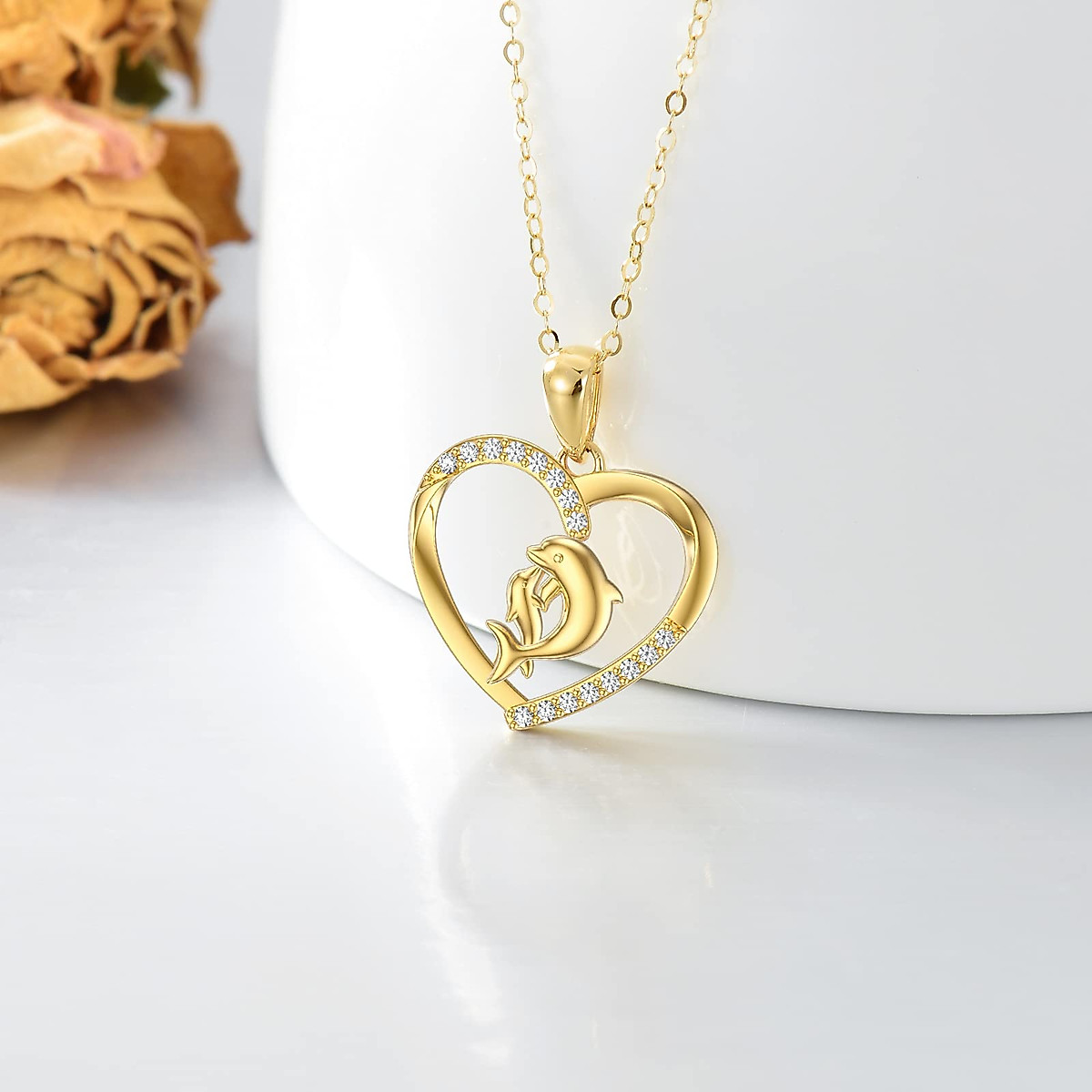 YDD 14K Solid Gold Dolphin Necklaces for Women Dolphin Mother Necklace Mom Necklace Heart Dolphin Pendant Mama Necklace Ocean Necklace Mom Gifts 16"-18"