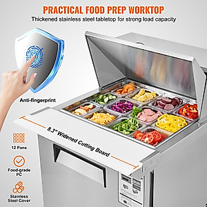 VEVOR 28" Commercial Refrigerator Sandwich & Salad Prep Table, 7.4 Cu. Ft Stainless Steel Refrigerated Food Prep Station with 12 Pans, Cut Board, Frost Free Refrigerator with Lock for Restaurant