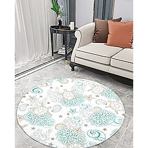 Round Carpet Plush Area Rug Ocean Cute Sea Turtle Coral Shell Starfish, Soft Shaggy Floor Mats Circular Furry Rugs Cartoon Art for Bedroom/Living Room/Nursery/Kids Room
