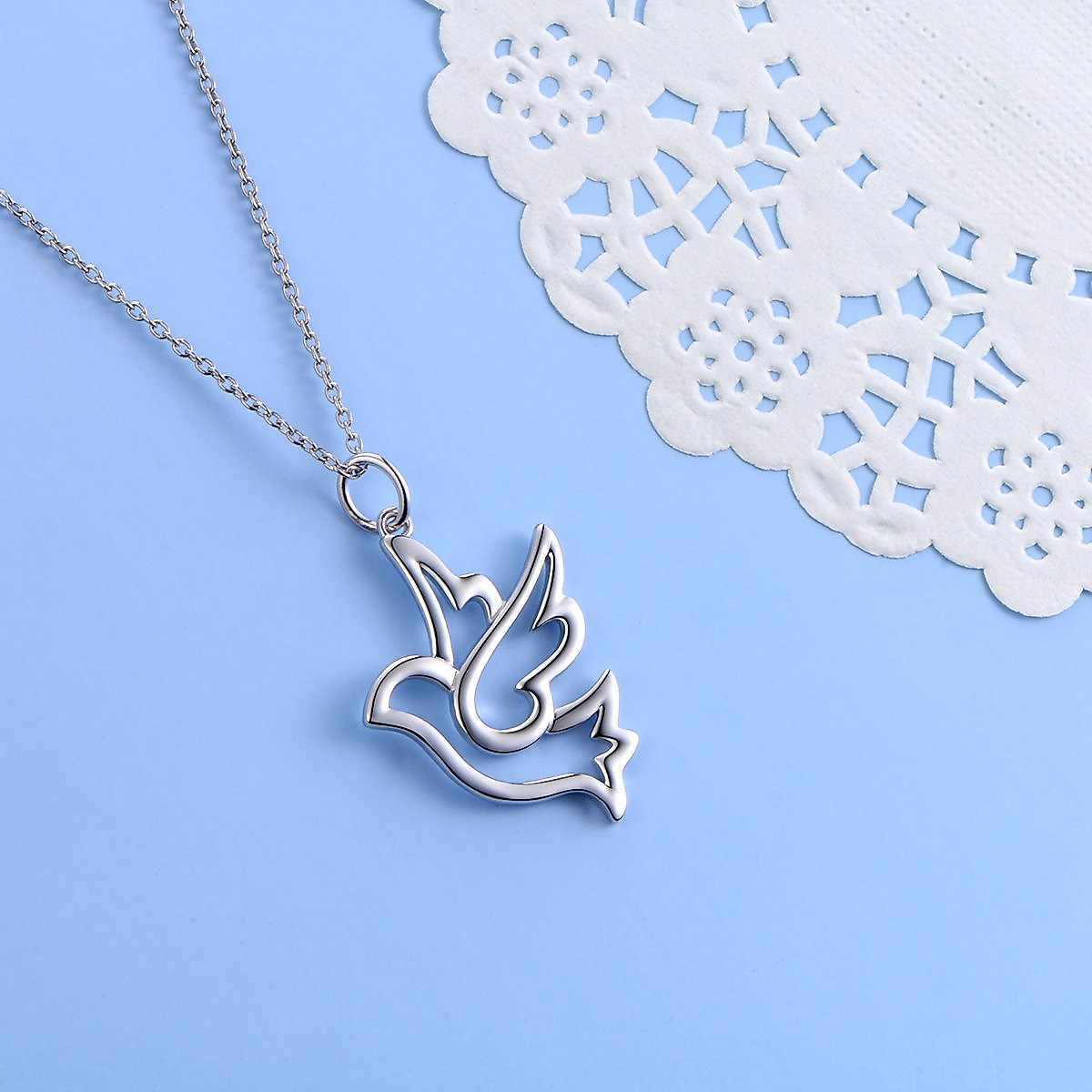 DAOCHONG S925 Sterling Silver Doves Birds Faith Hope Love Pendant Necklace 18 inches Rolo Chain