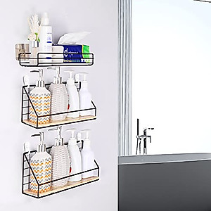 Livabber Floating Shelves Wall Mounted,Home Office Decor- 2 Rustic Arrow Design Wood Storage Metal Shelves Wall Mounted+Adhesive Shower Caddy Basket Shelf for Bathroom/Kitchen, 2 Pack (Small&Small)