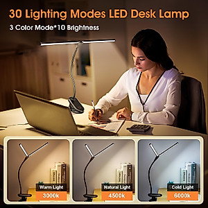 Mubarek Desk Lamp, 900LM Double Head Clip On Light, 30 Modes LED Desk Lamp, Dimmable LED Desk Light,360° Adjustable Clip On Lamp, Rechargeable Clip On Desk Lamp, Eye Care Clamp Table Light,Piano Lamp