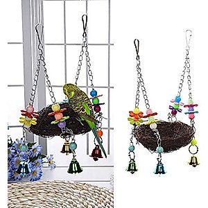 Bird Swing Nest Chew Toy with Bells Natural Rattan for Small Medium Parrots Parakeet Cockatiel Cockatoo African Grey Canary Conure Finch Lovebird Cage Accessories (S)