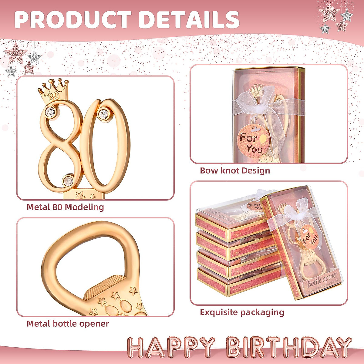24 boxes of rose gold themed 80th birthday bottle openers favored for 80th anniversary wedding party gifts, 80th birthday party souvenirs or party decorations (80 shape)