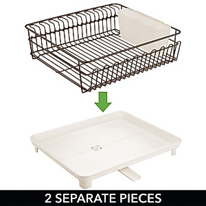 mDesign Metal Wire Kitchen Countertop, Sink Dish Drying Rack - Removable Plastic Cutlery Tray, Drainboard with Adjustable Swivel Spout - 3 Pieces - Bronze/Cream