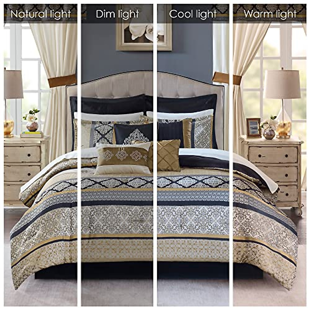 Madison Park Essentials Windsor 24-Piece Room in A Bag Comforter Set-Satin Jacquard All Season Luxury Bedding, Sheets, Decorative Pillows and Curtains, Valance, Queen (90 in x 90 in), Black/Gold