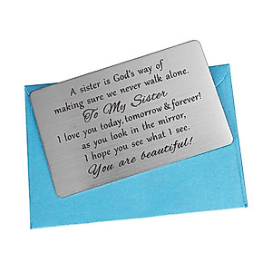 FALOGIJE Sister Gifts from Sister - Permanent Engraving Wallet Card, A Sister is God's Way of Making Sure We Never Walk Alone, Gifts for My Little Old Sister, Birthday, Mother's Day