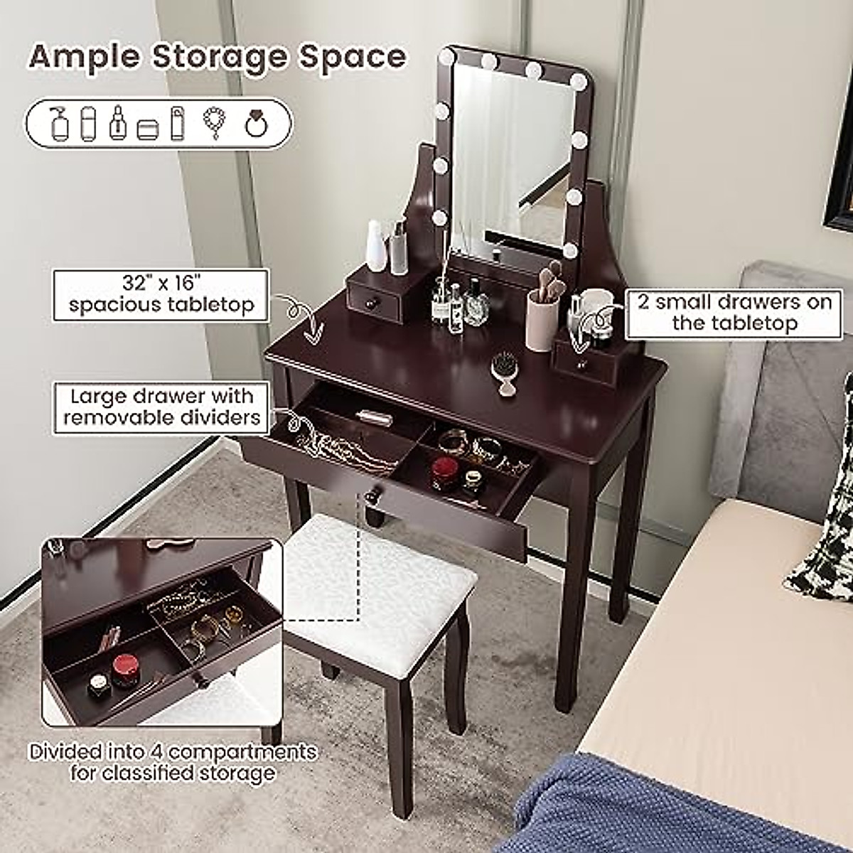 CHARMAID Makeup Vanity Desk with Lighted Mirror, 3 Color Lighting Modes, Adjustable Brightness, 3 Drawers, Removable Dividers, Bedroom Dressing Table Vanity Set with Stool for Girls Gift (Espresso)