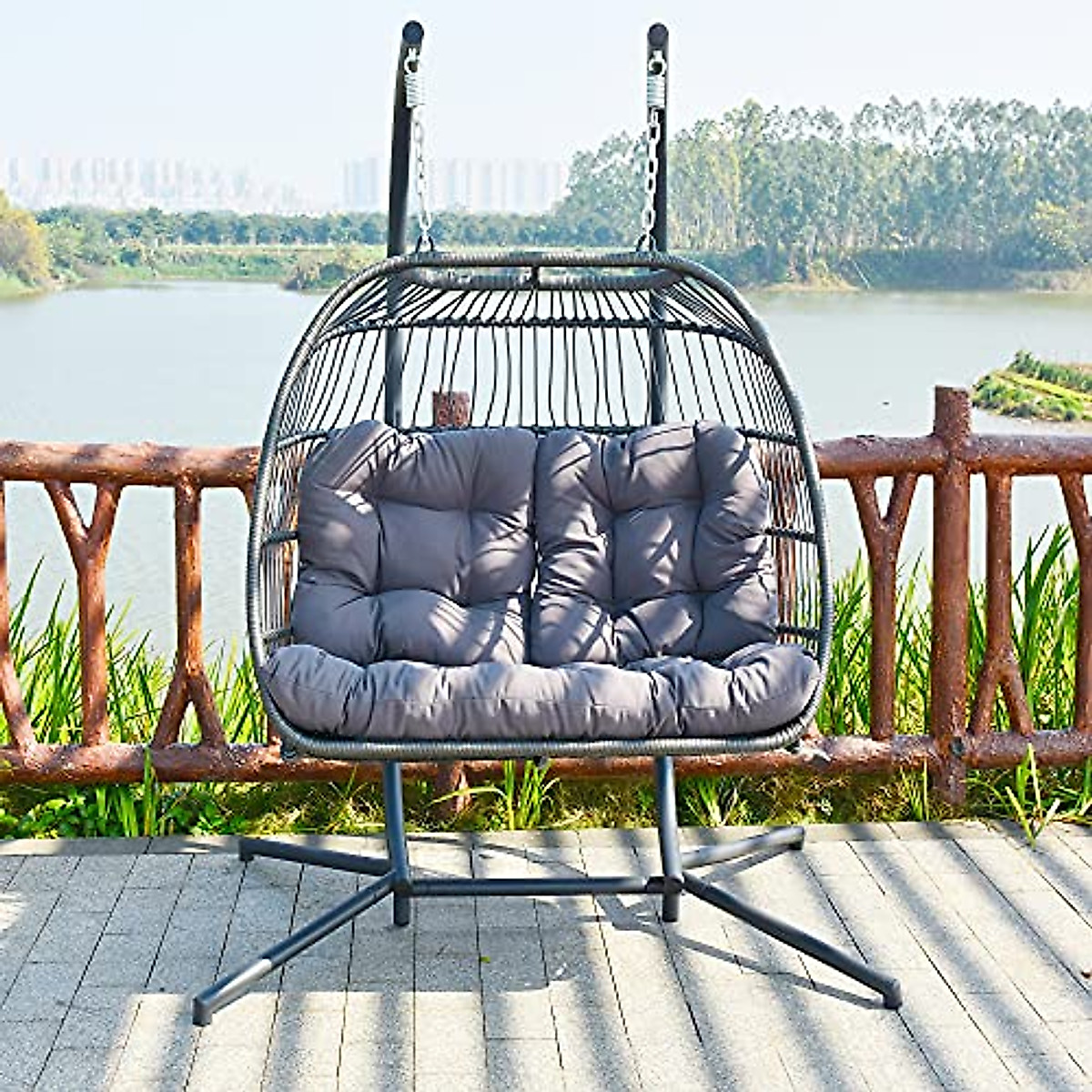 Brafab Luxury X-Large Double Egg Swing Chair 2 Person Hanging Chair Hand Made Rattan Wicker Hammock Chair with Stand and UV Resistant Grey Cushion, Aluminum Frame, for Outdoor Garden Patio Porch