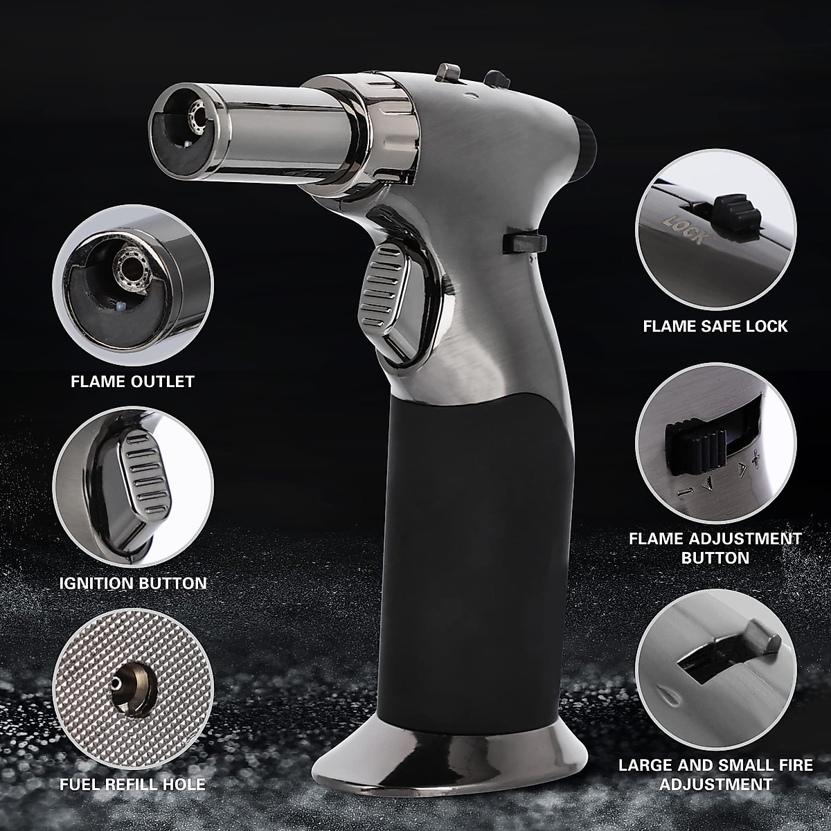 Butane Torch Lighter with Adjustable Flame, One Handed Blow Torch with Safety Lock, Refillable Cooking Torch for Creme Brulee, Grilling, Desserts, BBQ, Baking(Butane Gas Not Included) (black grey)
