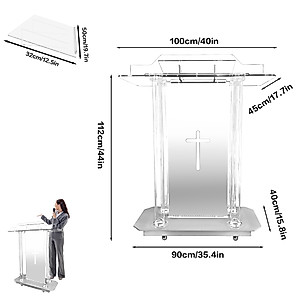 LAYIQDC Church Pulpit with Hollow Cross Design,Led Acrylic Church Podium with Wheels& Vertical Reading Platform, 46”Transparent Lecterns for Churches,Classroom and Weeding(39.4”L*15.7”W *44”H)