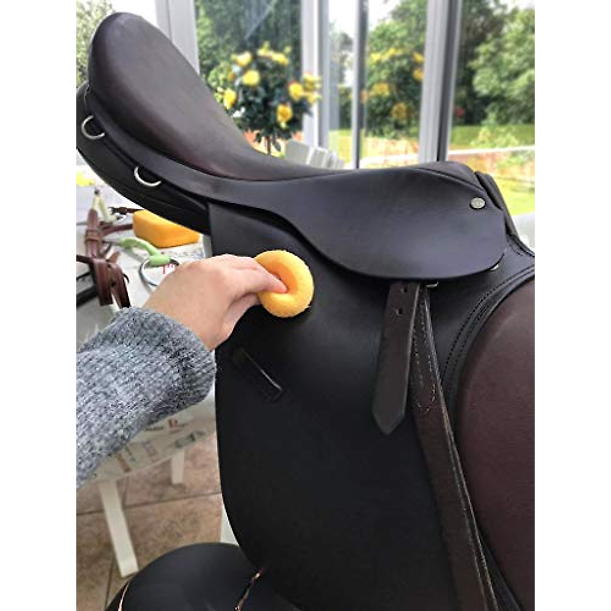 Premium Synthetic Horse Tack Sponges: 12pc Value Pack (10 Round 2.8" x1", 2 Large 6"x4"x2") with Cotton Bag, for Saddles, Bridles, Boots and Leather Care by Equus Constantia