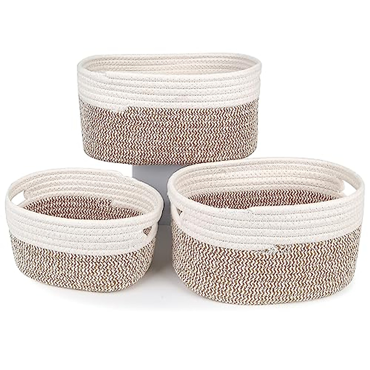 Storage Baskets for Shelves, Set of 3 Storage Baskets with Handles for Living Room, Bathroom Nursery Shelves (Mixed Camel+White)