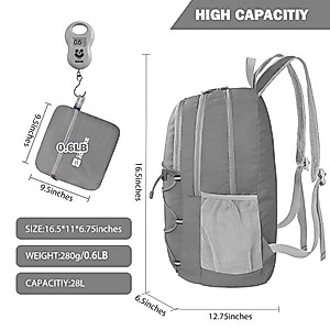 ZOMAKE 28L Packable Backpack:Lightweight Hiking Backpacks - Foldable Water Resistant Back Pack for Travel Camping Outdoor Hiking Day Pack (Medium grey)