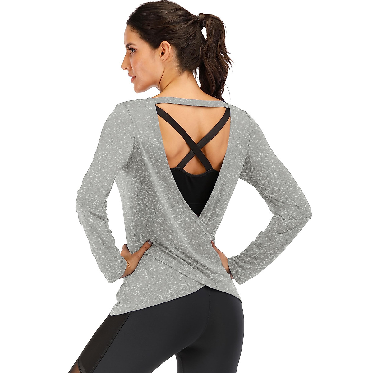 ICTIVE Long Sleeve Workout Shirts for Women Loose Fit Workout Tops for Women Backless Fall Winter Yoga Shirts Athletic Shirts Gym Tops Running Shirts Light Grey M