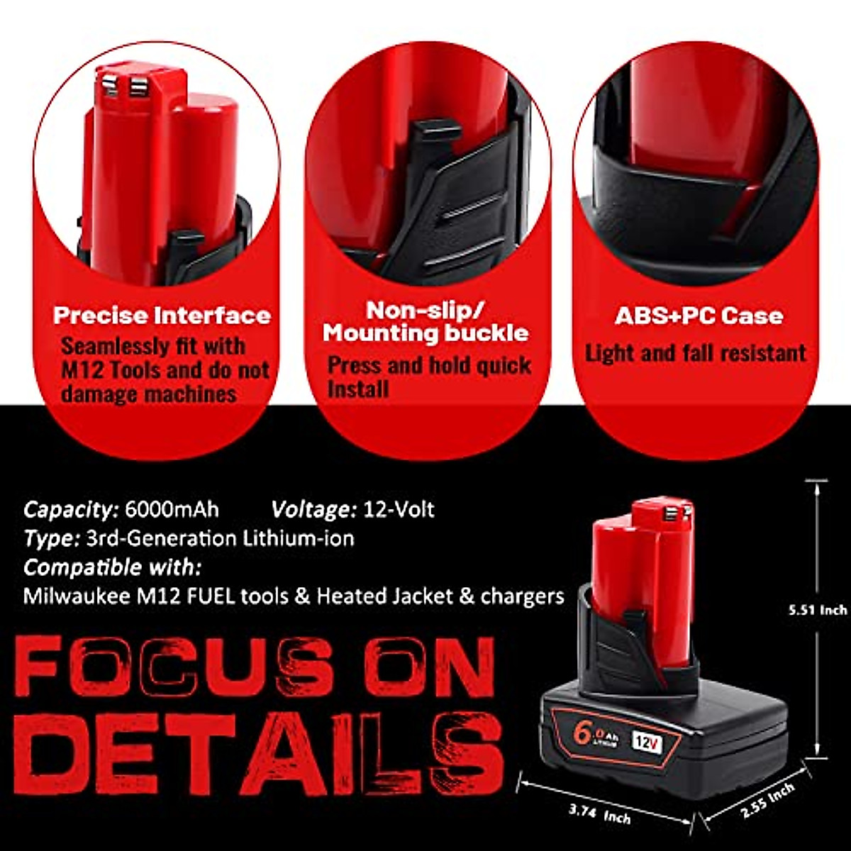 TenHutt 【3RD-Upgrade!】 2Pack 6.0Ah Replacement Battery for Milwaukee M12 12V Lithium Battery Compatible with XC 48-11-2440 48-11-2402 48-11-2460 12-Volt M12 Cordless Power Tools