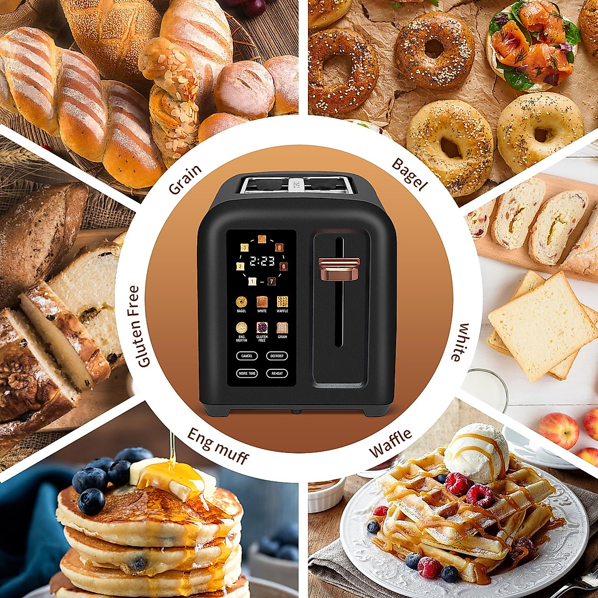 SEEDEEM Toaster 2 Slice, Touch Control Stainless Toaster LCD Display, 50% Faster Heating Speed, 1.4'' Wide Slots, More Timer Functions, Removable Crumb Tray, 1350W, Dark Chocolate
