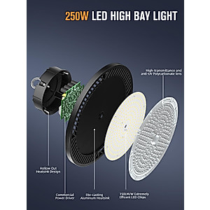 ELEKICO Super Bright 250w UFO LED High Bay Light 35000lm with Plug 5ft Cable (Eqv.1000w Mh/Hps/Hid),5000k High Bay Led Shop Lights Garage Lighting for Garage Factory Workshop Warehouse Barn -6pack