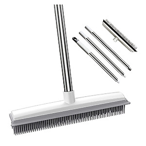 TUDEXX Pet Hair Removal Rubber Broom with Built in Squeegee, 2 in 1 Floor Brush for Carpet, Adjustable Handle, Includes One Microfiber Cloth for Floor Dusting