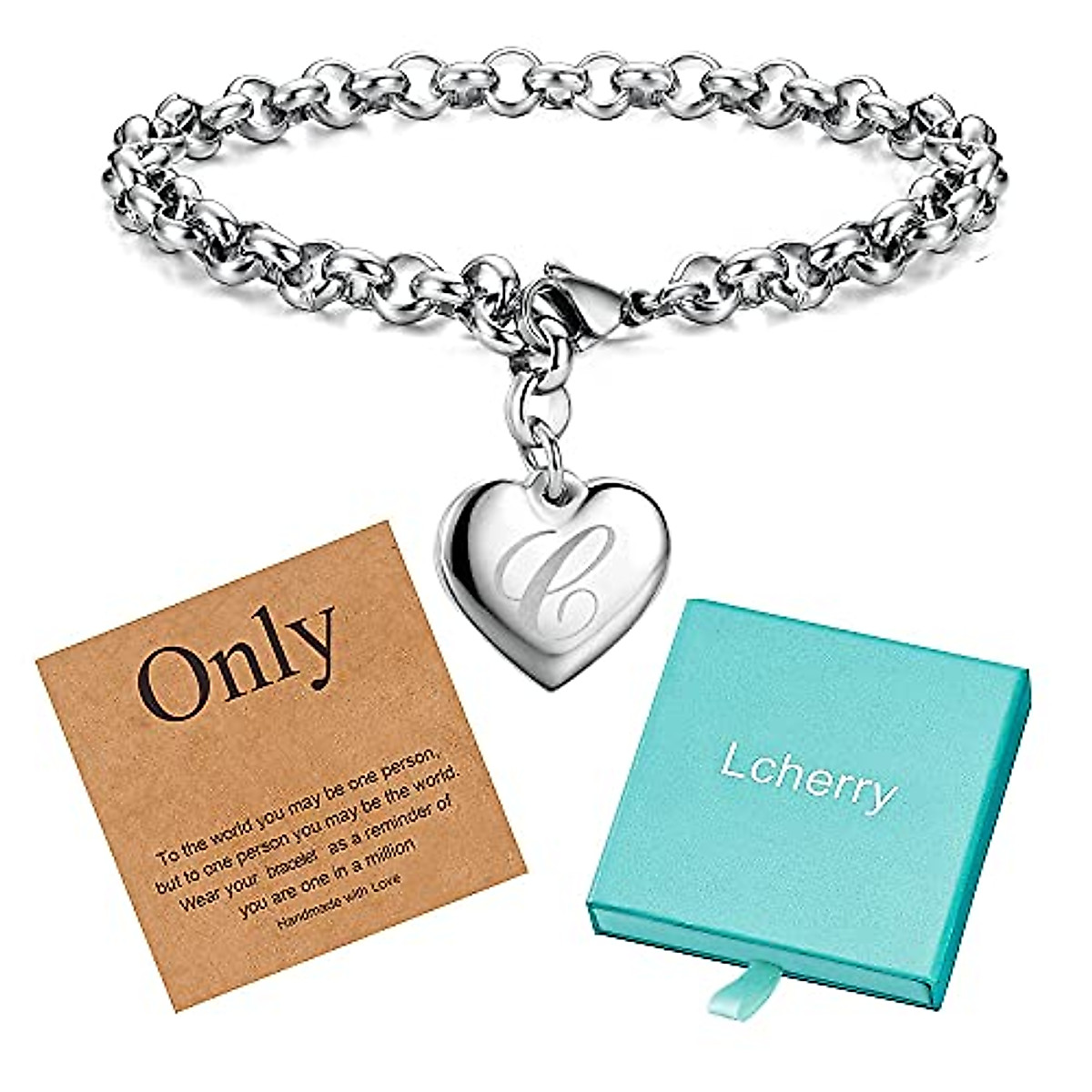 Bracelet Gift for Women Heart Initial Bracelets Stainless Steel Charm Bracelet Letter C Monogrammed Bracelets for Women