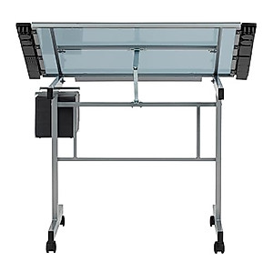 Studio Designs Vision Craft and Drawing Station - 35.5" W by 23.75" D Silver-Blue Glass Top Drafting Table with Pencil Drawers, Side Trays, & Built-In Pencil Ledge - Angle Adjustable Work Surface