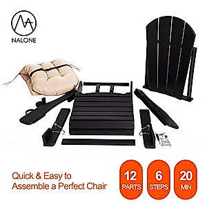 nalone Folding Adirondack Chair with Cushion with Cup Holder, HDPE Plastic Oversized Patio Chair Weather Resistant, Used in Outdoor, Fire Pit, Deck, Outside, Garden, Campfire Chairs (Black)