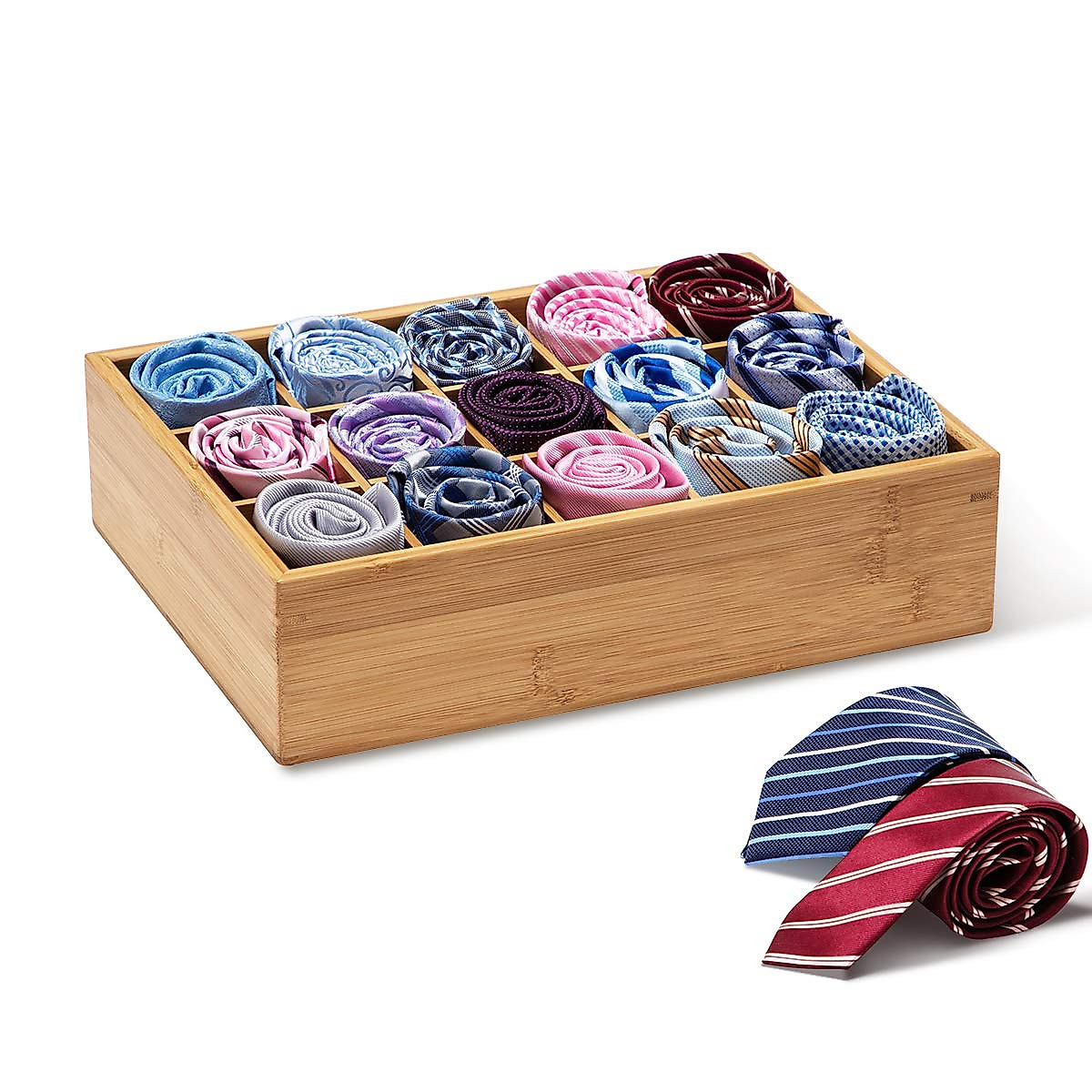 GOBAM Bamboo Closet Drawer Divider - Storage Organizer with 15 Compartments, Drawer Organizer, Storage Box for Belts, Ties, Bras, Briefs, Socks & Jewelry - Natural