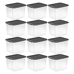 Sterilite ShelfTotes 50 Quart Clear Latched Stacking Plastic Storage Container with Gray Lid for Garage or Basement, (12 Pack)