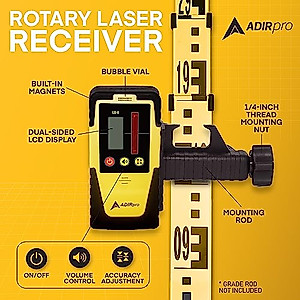 AdirPro Universal Rotary Laser Detector (LD-8) - Digital Rotary Laser Receiver with Dual Display and Built-In Bubble Level, Compatible with All Red Rotary Lasers - Rod Clamp Included