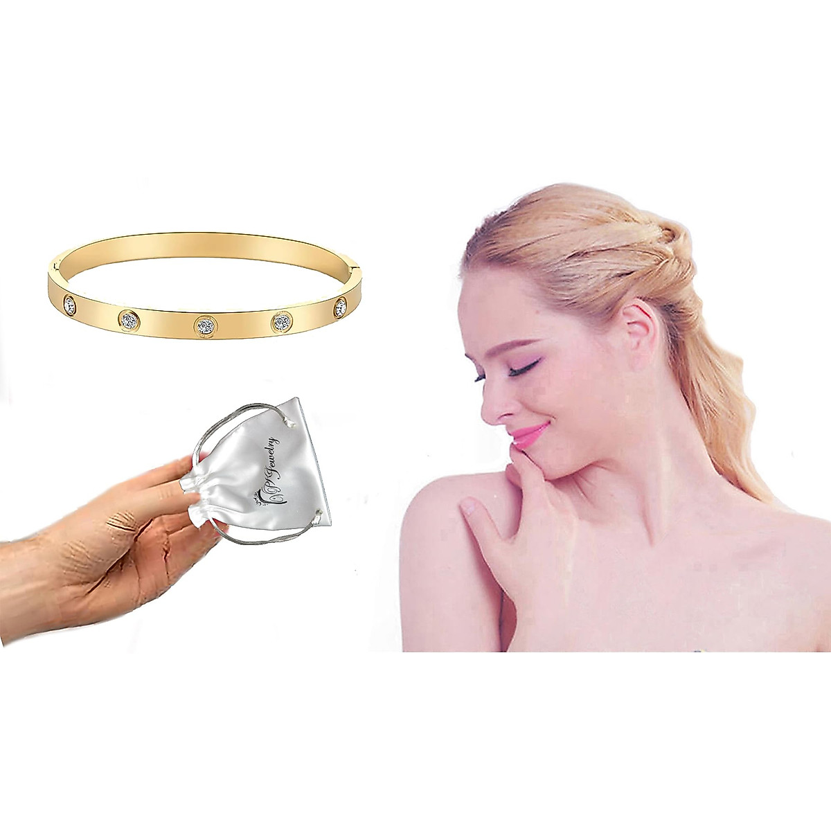 VPKJewelry Stainless Steel for Women Men Bracelet Bangle Yellow 18k Gold Plated Diamonique CZ stone crystal (Gold, 7.50)