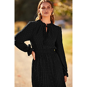 PRETTYGARDEN Women's 2024 Fall Midi Dress Casual Long Sleeve V Neck Swiss Dot Pleated A Line Flowy Dresses (Black,Medium)