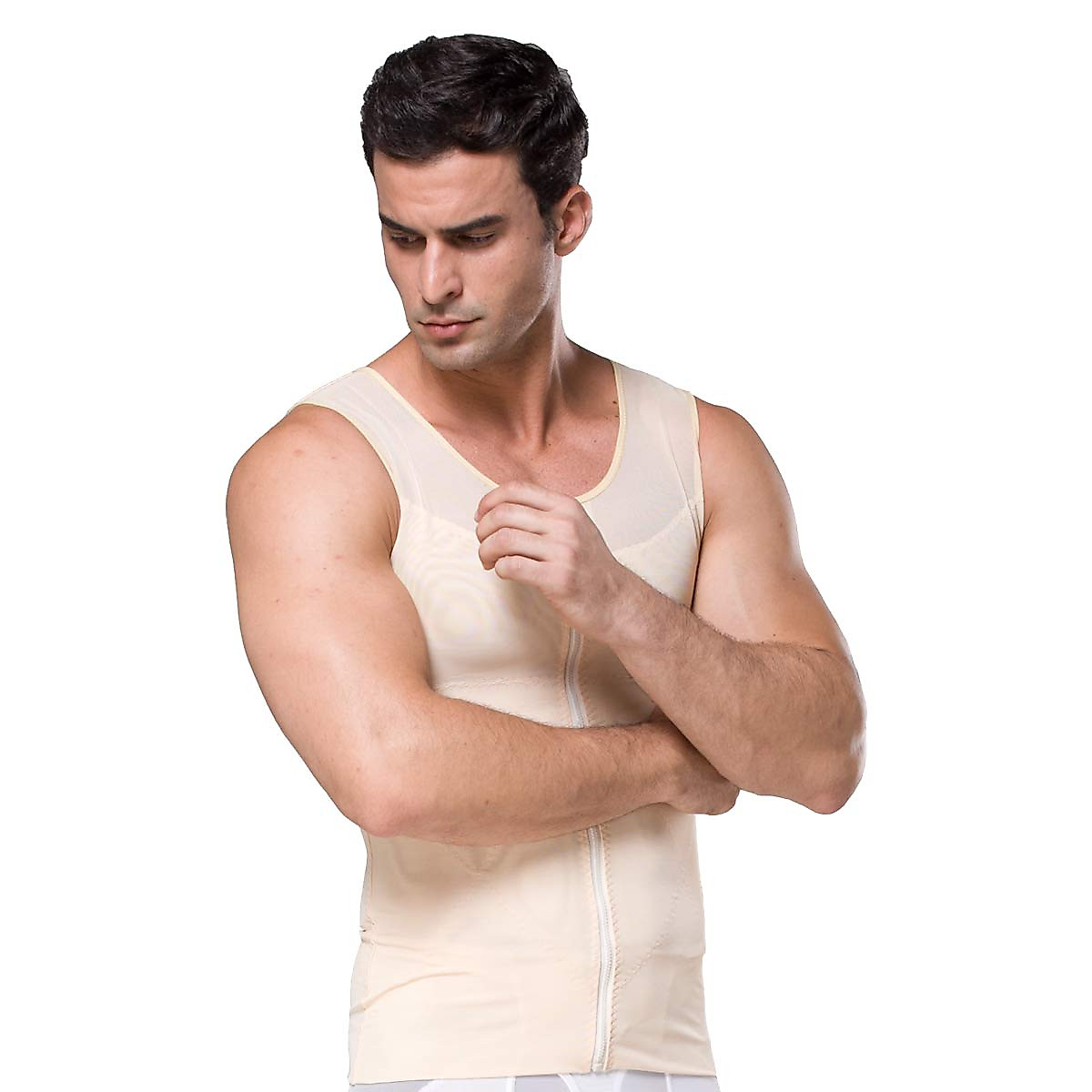 BaronHong Original Zip Up Men's Chest Compression Shirt to Hide Gynecomastia Moobs(Nude,S)